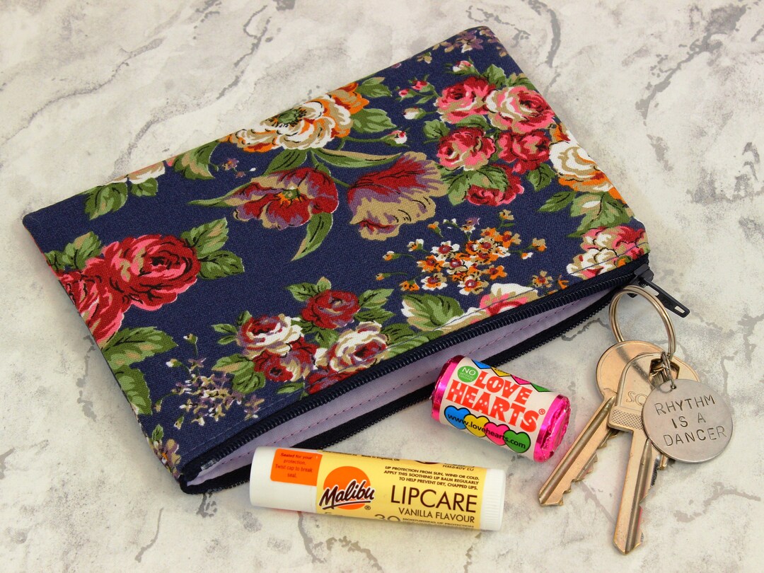 Blue Coin Purse, Vintage Floral Pattern Zip Purse, Blue Flower Print ...