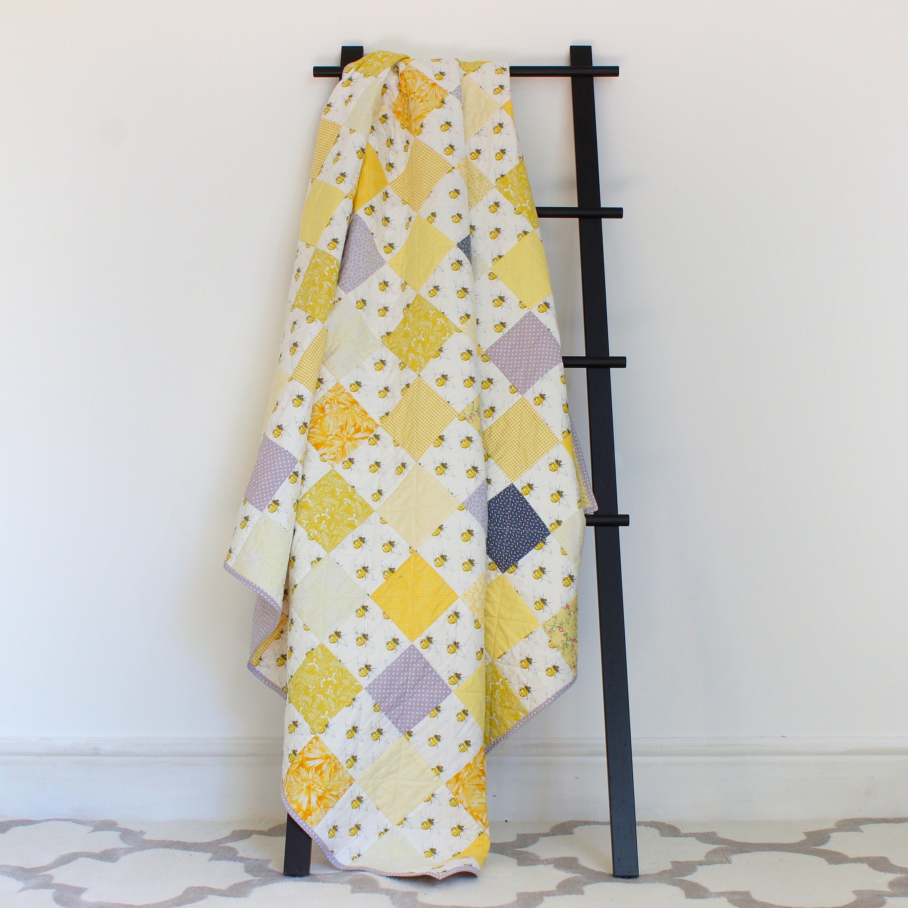 Bee Quilt, Yellow and Grey Bees Patchwork Quilt, Manchester Bee Quilt, Bees Baby Quilt, Bumble ...