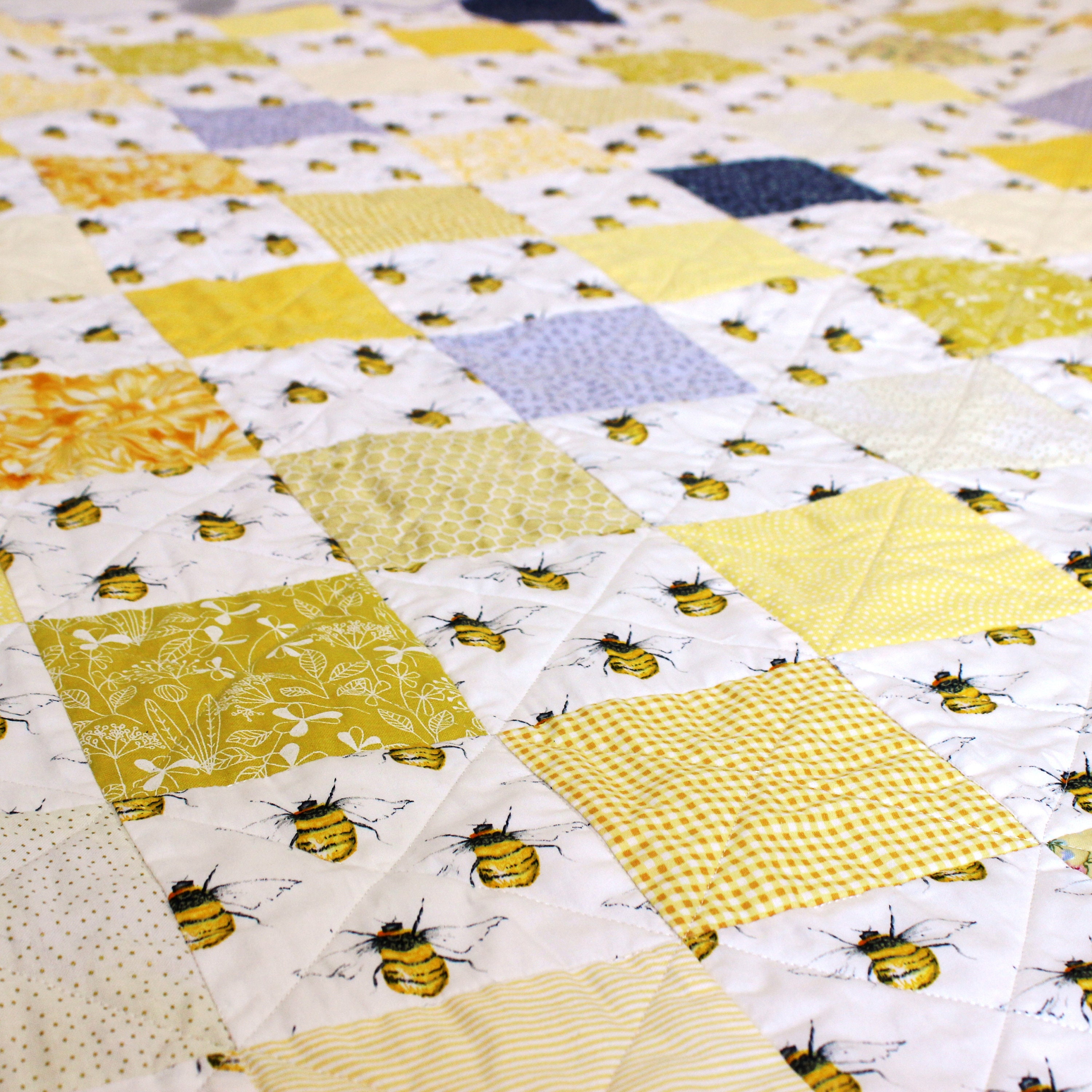 Bee Quilt, Yellow and Grey Bees Patchwork Quilt, Manchester Bee Quilt ...