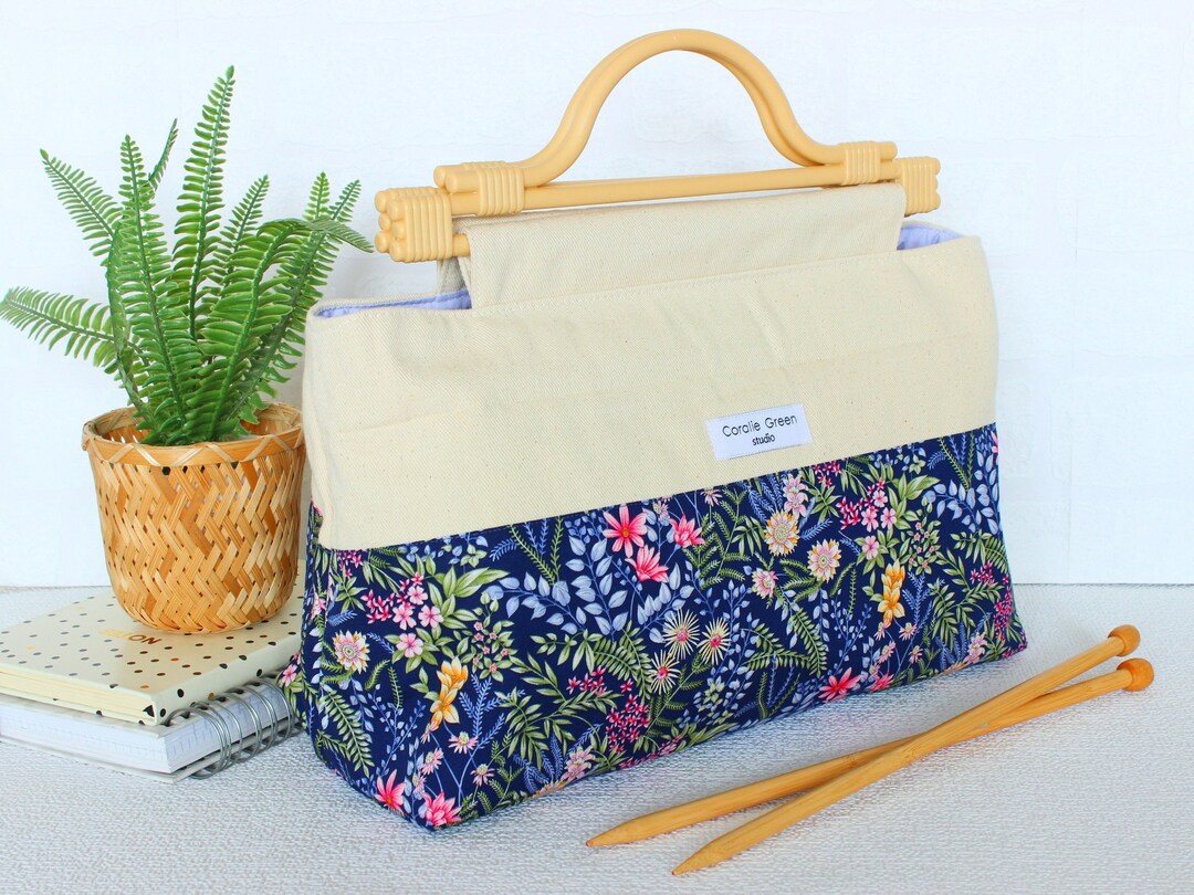 Extra Large Knitting Storage Bag, Navy Blue Floral Knitting Organiser ...