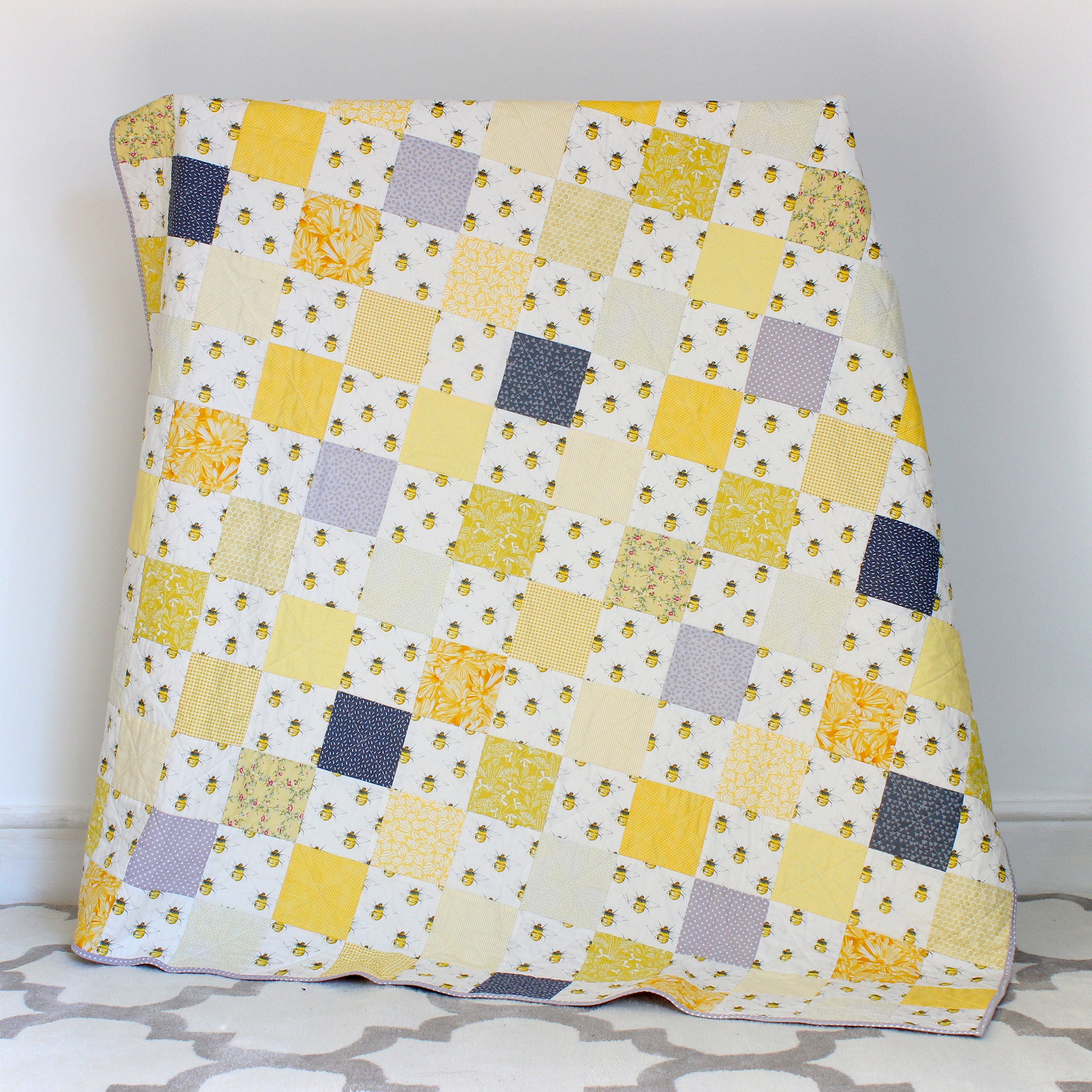 Bee Quilt, Yellow and Grey Bees Patchwork Quilt, Manchester Bee Quilt, Bees Baby Quilt, Bumble ...