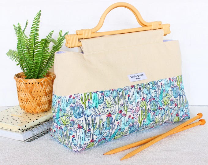 Extra Large Green Knitting Storage Bag, Cactus Pattern Knitting ...