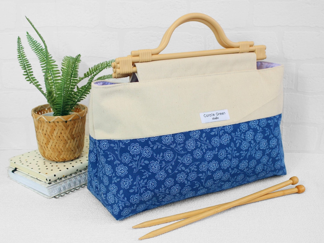 Extra Large Knitting Storage Bag, Navy Blue Floral Knitting Organiser ...