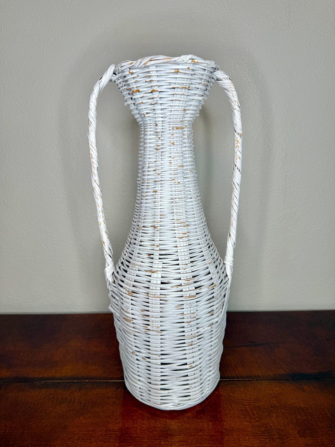 Whitewashed Vintage Wicker Floor Vase | Old World Courtyard Country ...