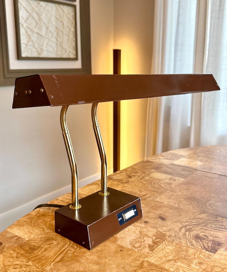 1970s M*A*S*H Style Brown Metal & Brass Gooseneck Lamp | Industrial ...