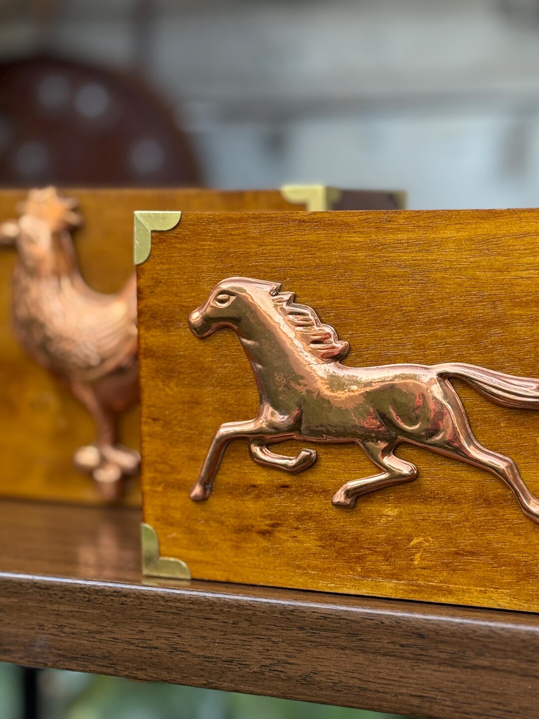 Vintage Copper Horse & Rooster Wooden Box | Rustic Storage Nesting ...