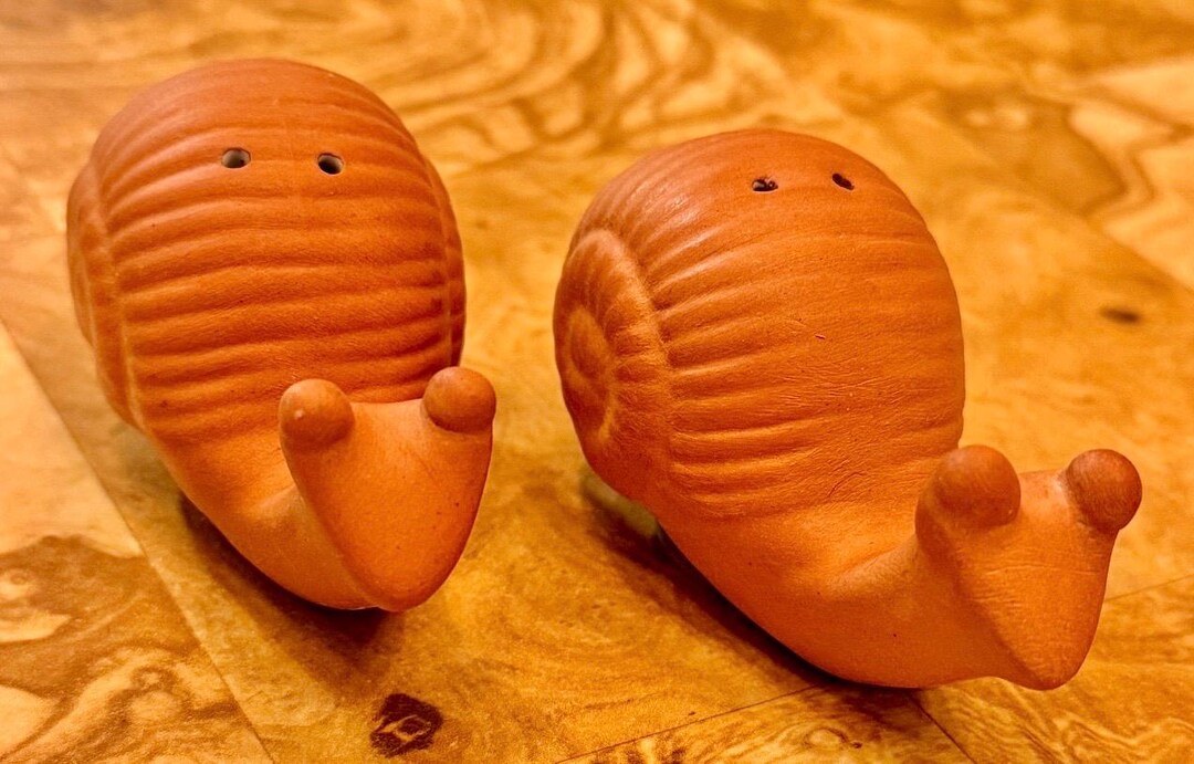 Vintage Terracotta Salt & Pepper Snail Shakers on Log Trunk | MCM ...