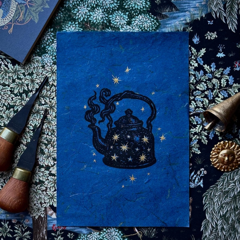 Wood & Linocut Teapot - Etsy