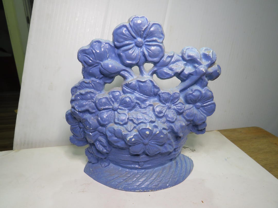 Vintage Hallmark Cast Iron Flower Basket Doorstop Blue Floral 7" X 6 1/ ...