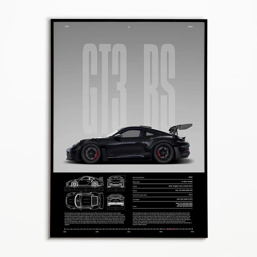 Car Poster | Porsche 911 GT3RS Black Blueprint Poster | Gift Idea - Etsy