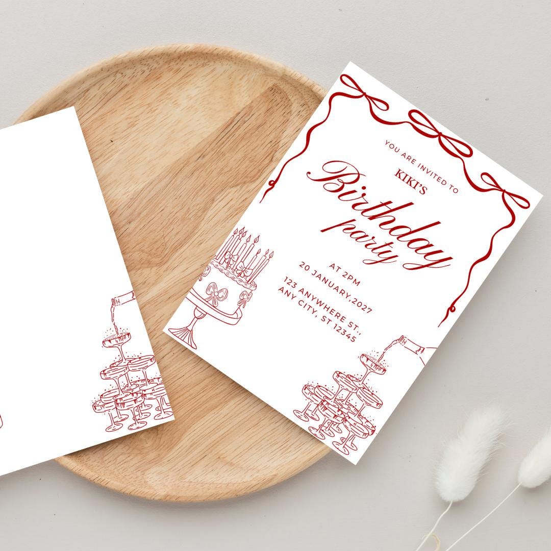 Elegant Red Birthday Invitation Template | Champagne Cake (canva ...