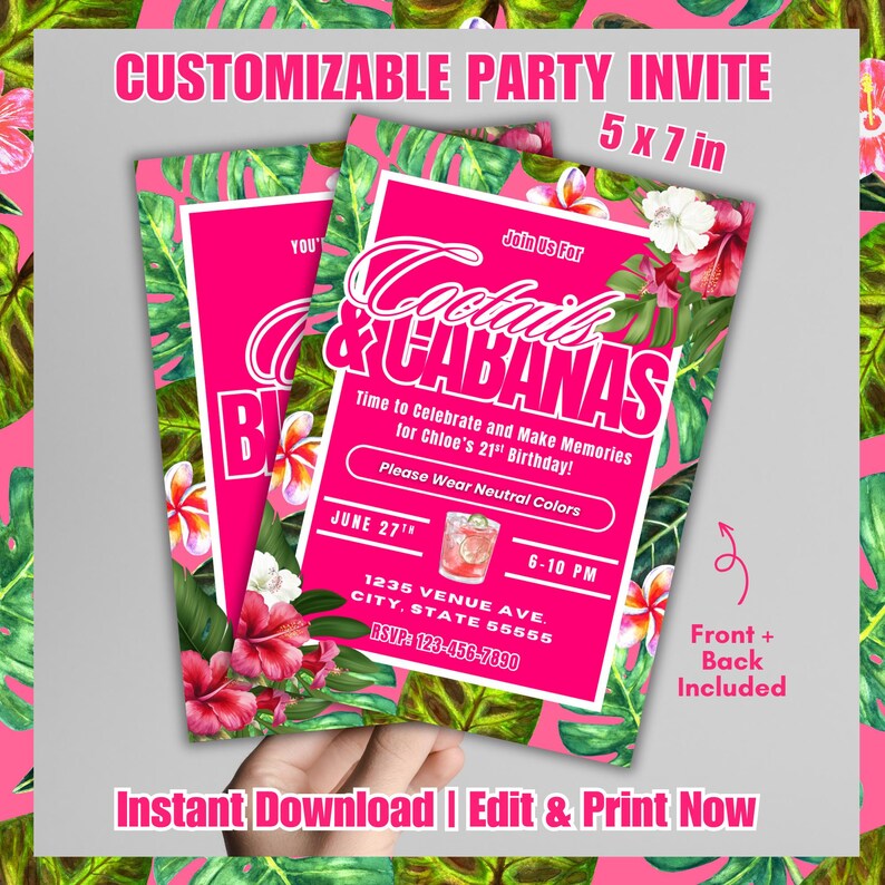 Tropical Birthday Invitation Canva Template | Editable 5x7 Front and ...