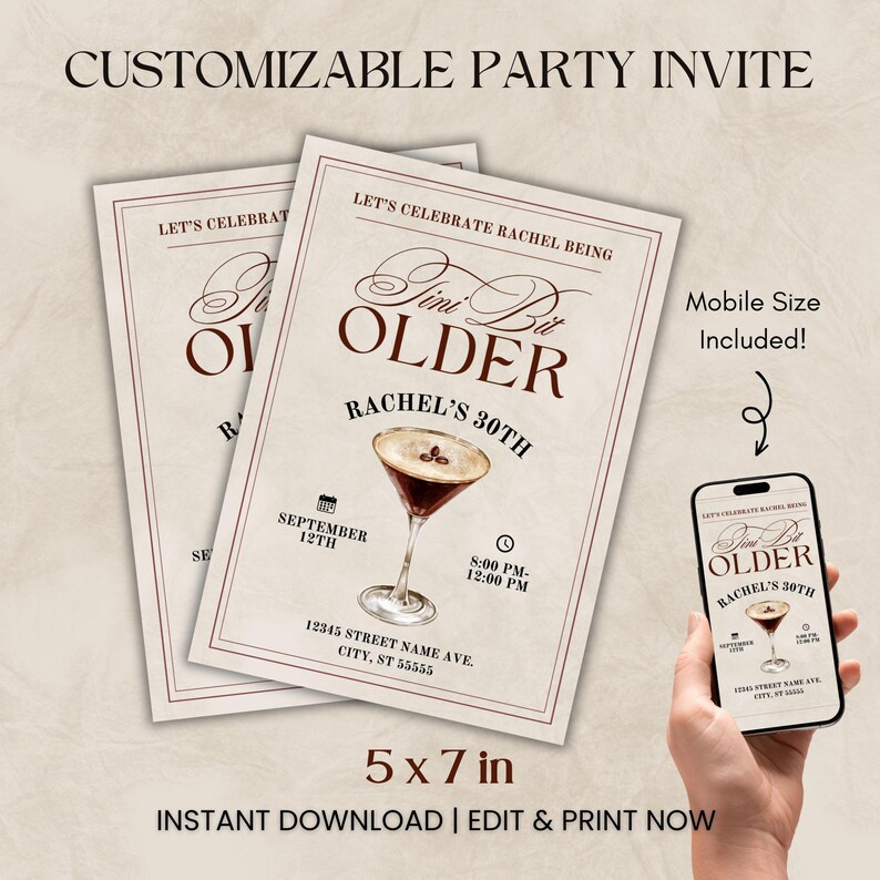 Invitación de cumpleaños Espresso Martini: plantilla Canva para 30 ...
