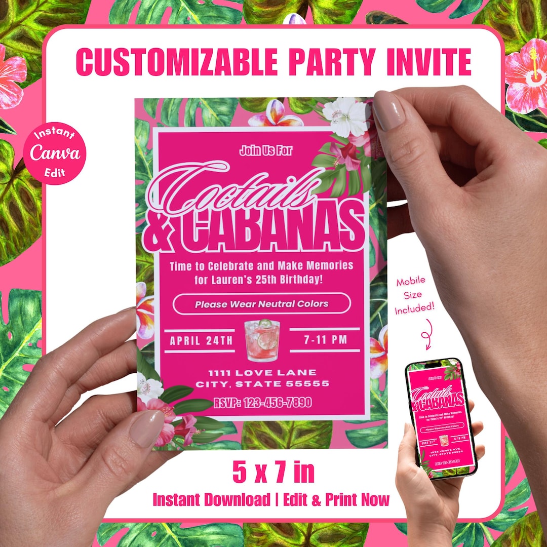 Tropical Birthday Invitation Canva Template | Editable 5x7 Front and ...