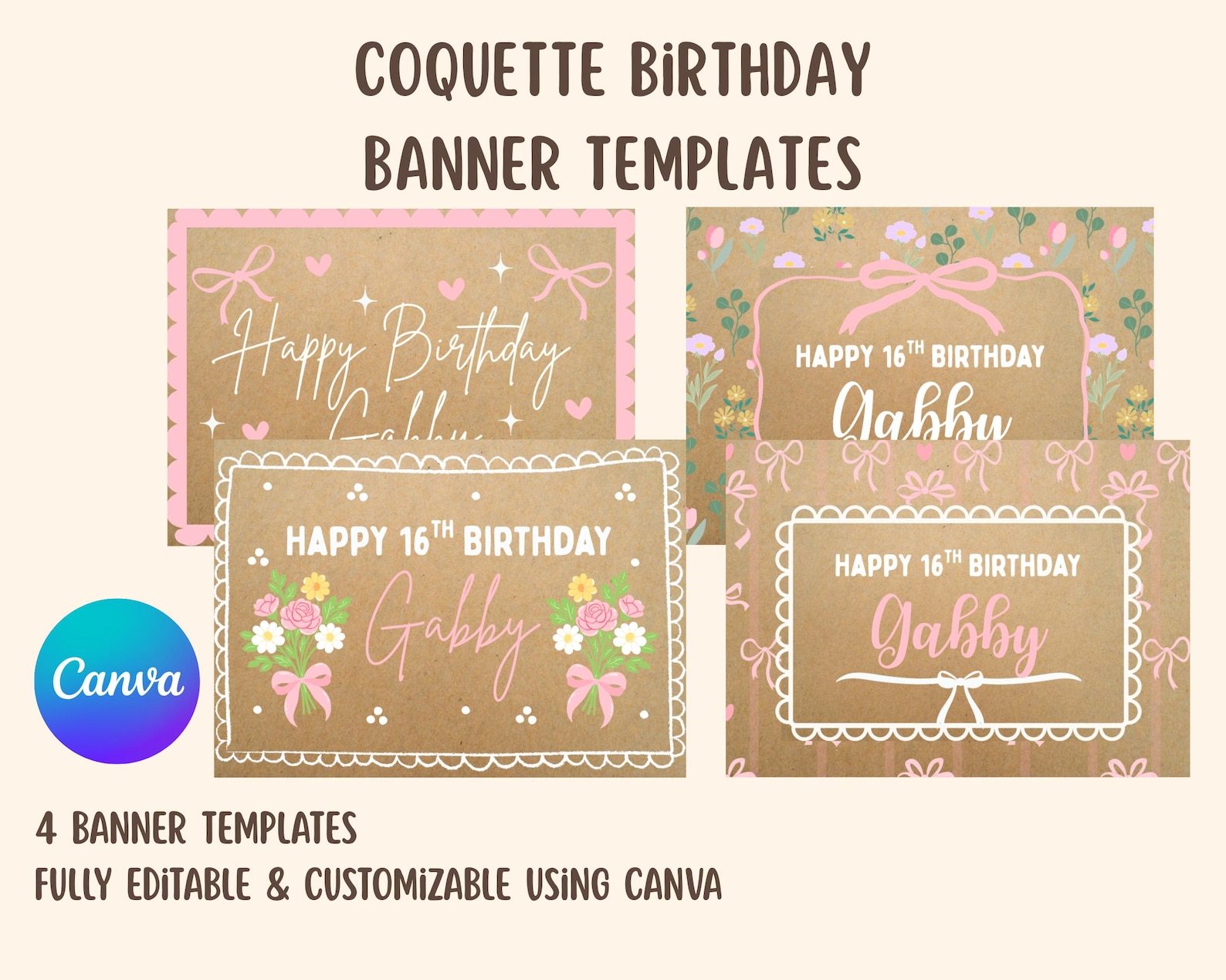 Coquette Birthday Themed Banner Template Package - Set of 4 ...