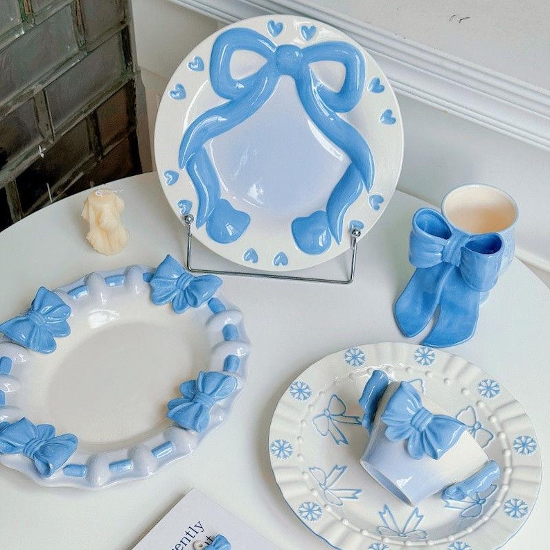 Handmade Ceramic Bow Tableware Set – Embossed Underglaze, French ...
