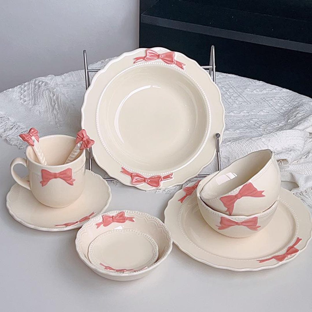 Handmade Pink Ceramic Bowl Plate Set – Cute Bowknot Dot Design ...