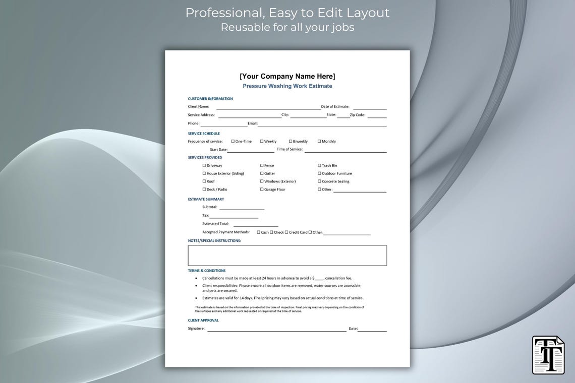 Pressure Washing Estimate Template - Editable Word & Printable PDF ...
