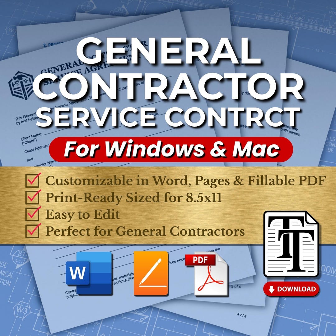 General Contractor Service Contract Template | Editable Word PDF Pages ...