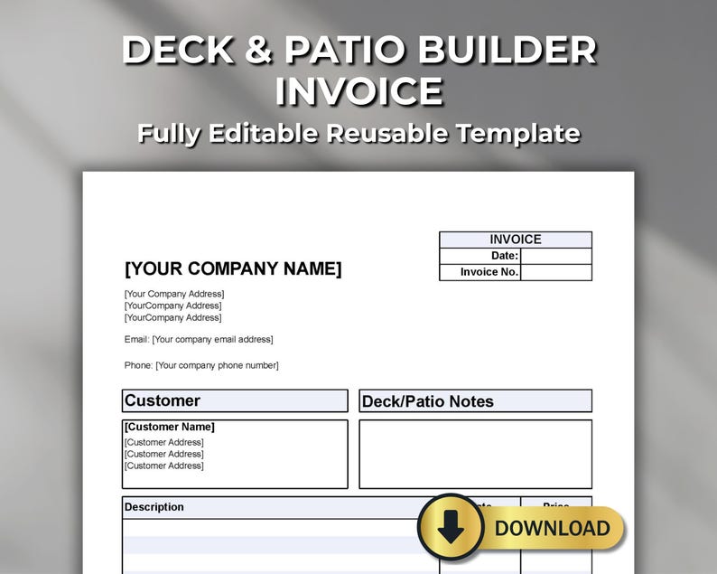 Deck & Patio Builder Invoice Template: Editable Construction Billing ...