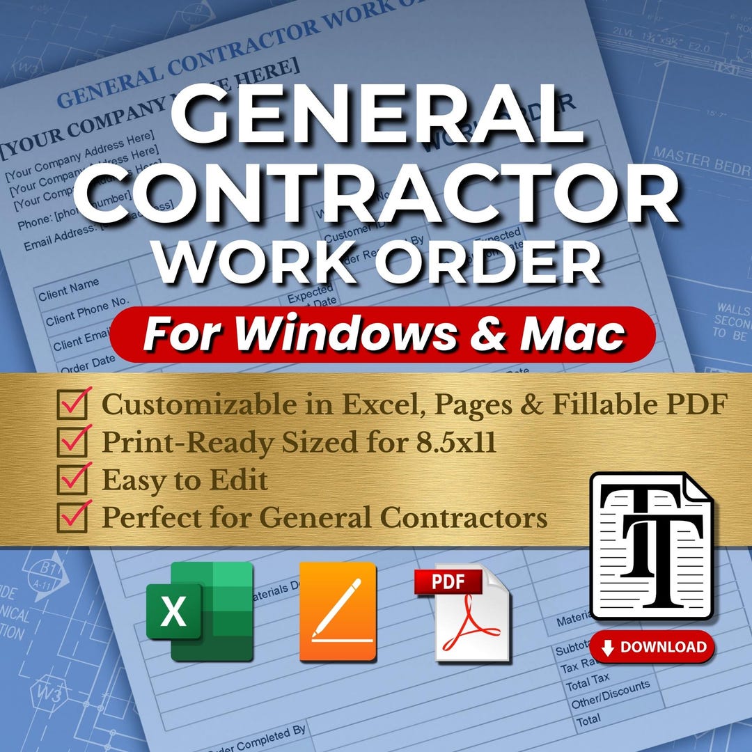 Work Order Template for Contractors - Editable Excel, PDF & Word Form ...