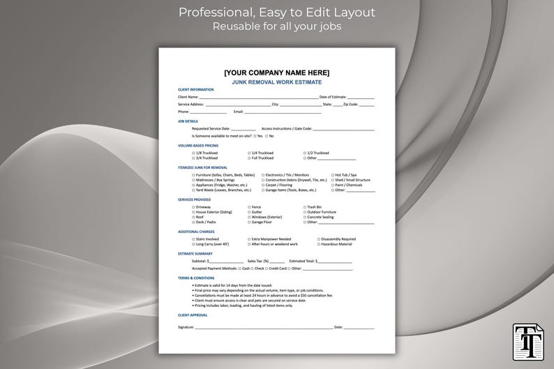 Junk Removal Work Order Template: Editable Service Invoice (PDF & Word ...