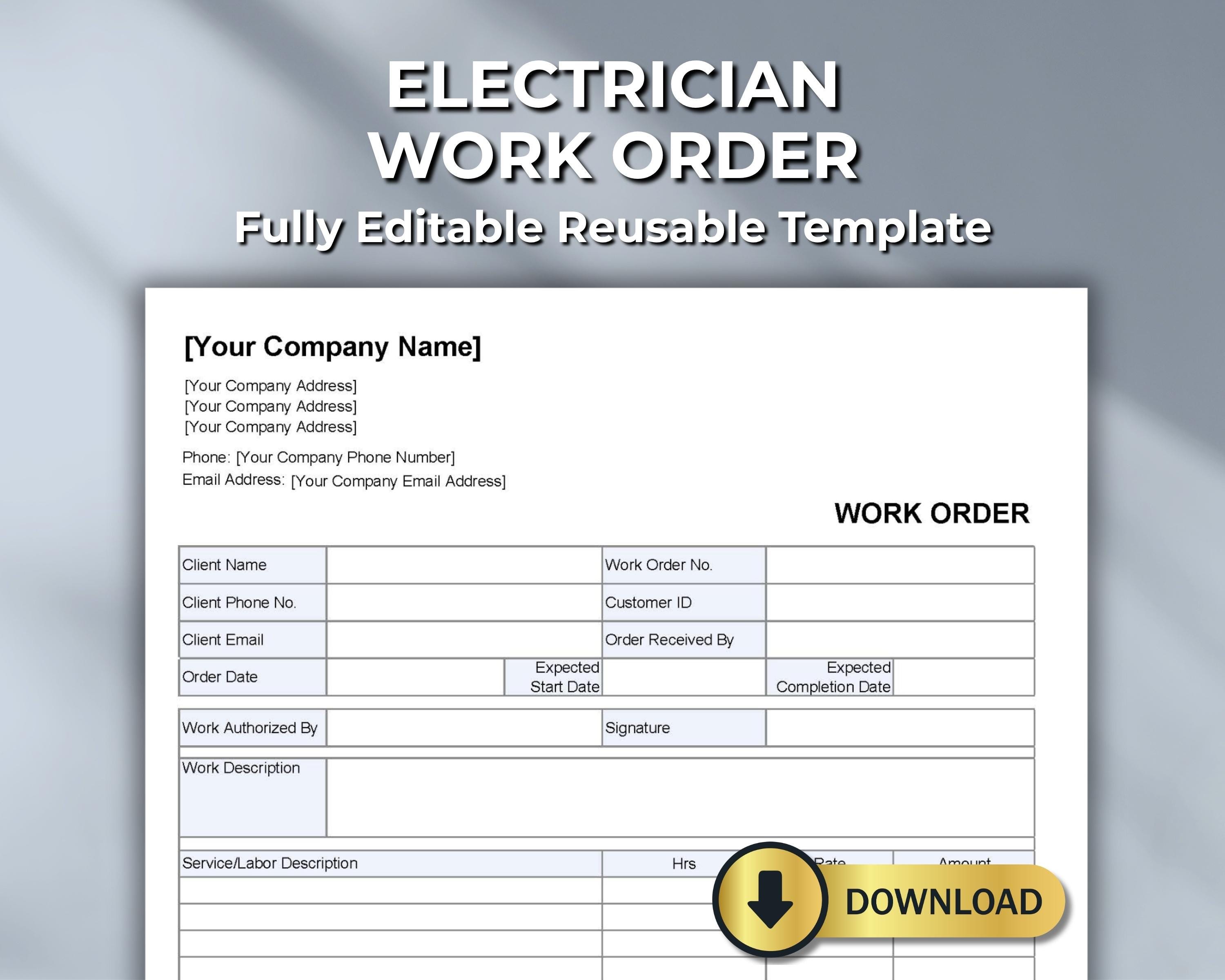 Electrician Work Order Template: Fillable PDF, Excel, Word (instant ...