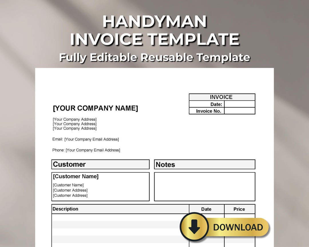 Handyman Invoice Template: Fillable PDF, Word, Excel, Numbers - Etsy