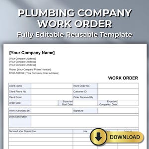 Plumber Work Order Template: Fillable PDF, Excel, Word, Numbers ...