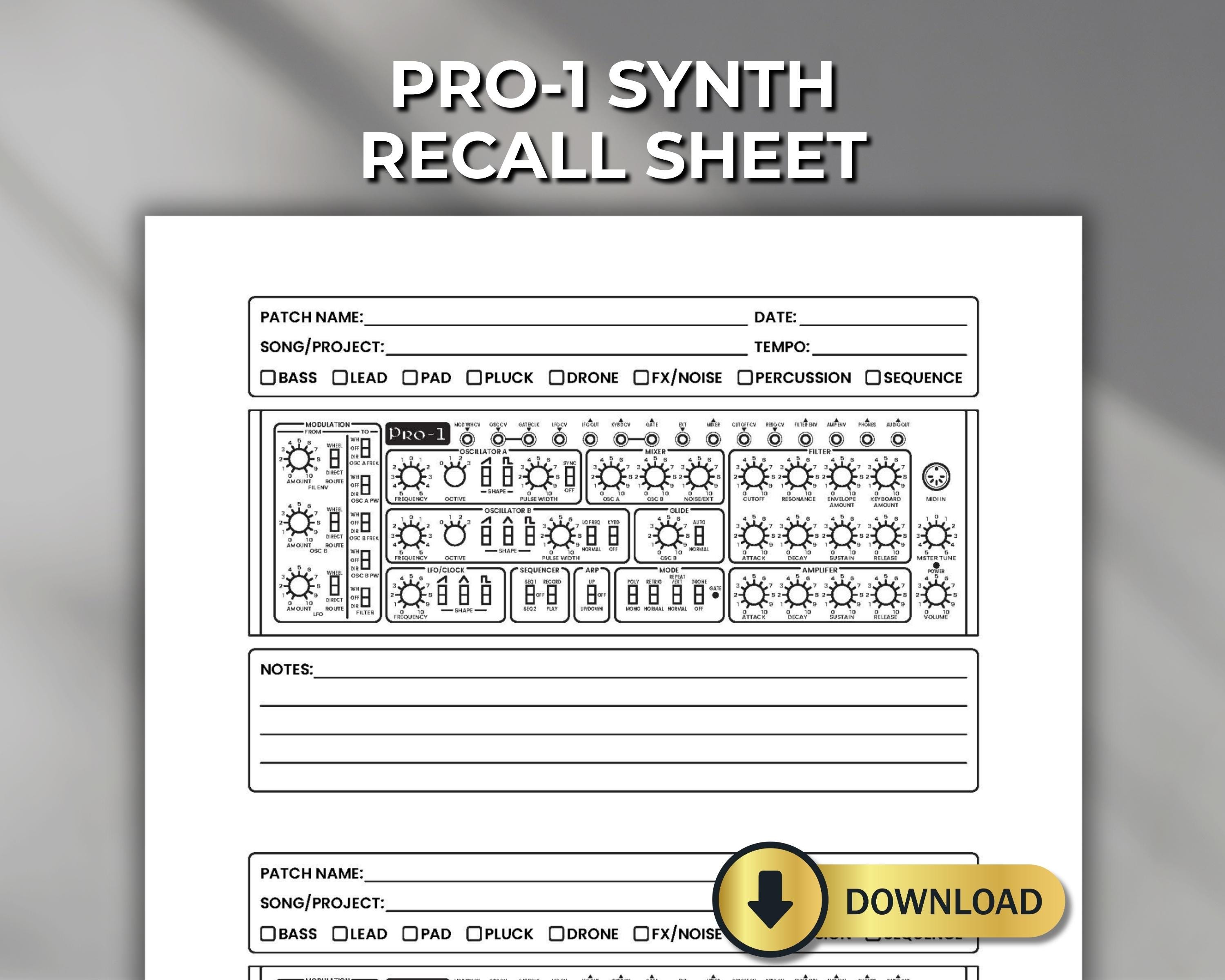 PRO-1 Synth Recall Sheet – Printable Patch Template for Behringer PRO-1 ...