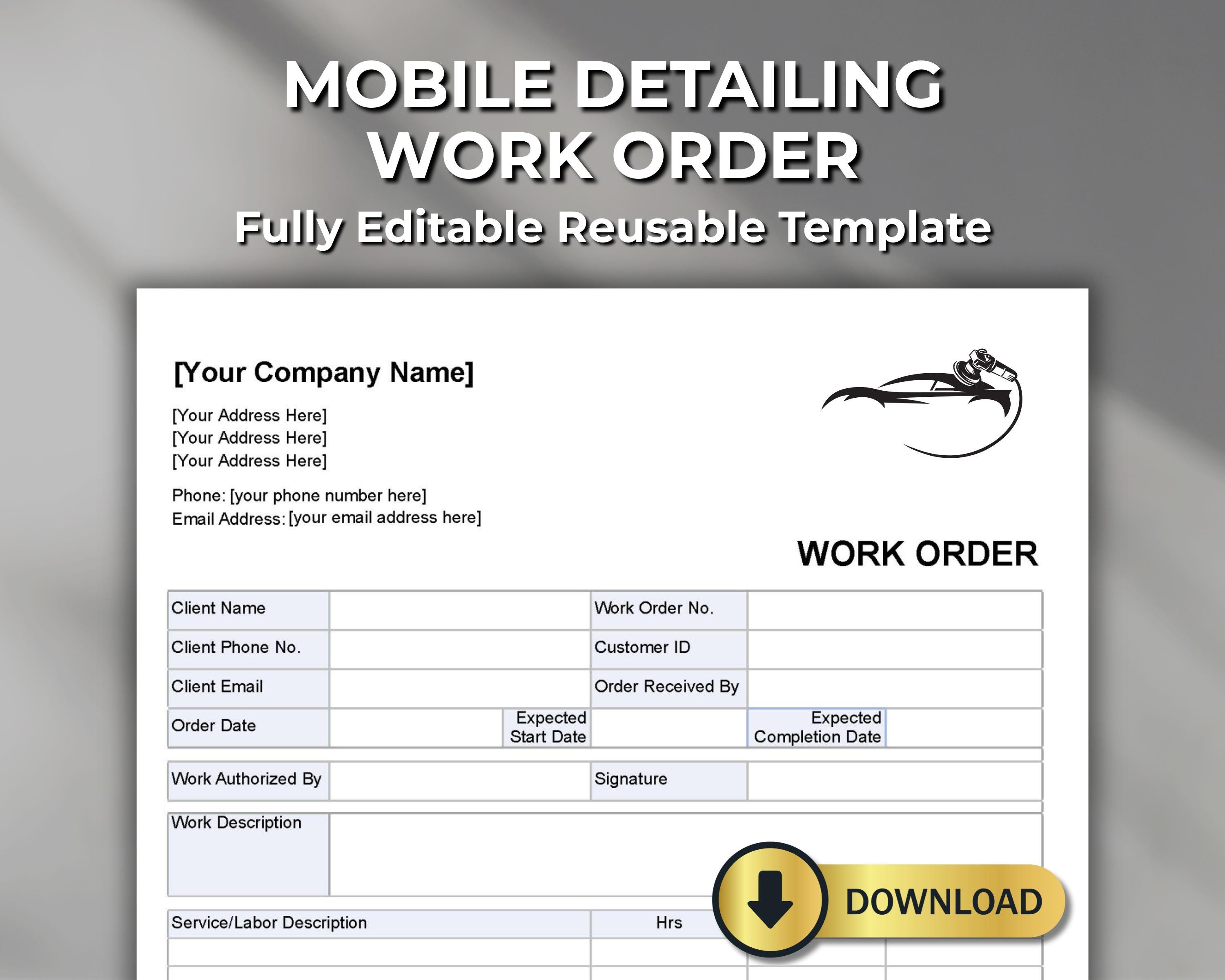Mobile Detailing Work Order Template – Car Wash Form (digital Download ...