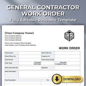 General Contractor Work Order Template – Editable Job Form – PDF Word Excel - Etsy