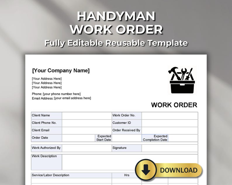 Handyman Work Order Template Editable PDF, Word, Excel & Numbers Form ...