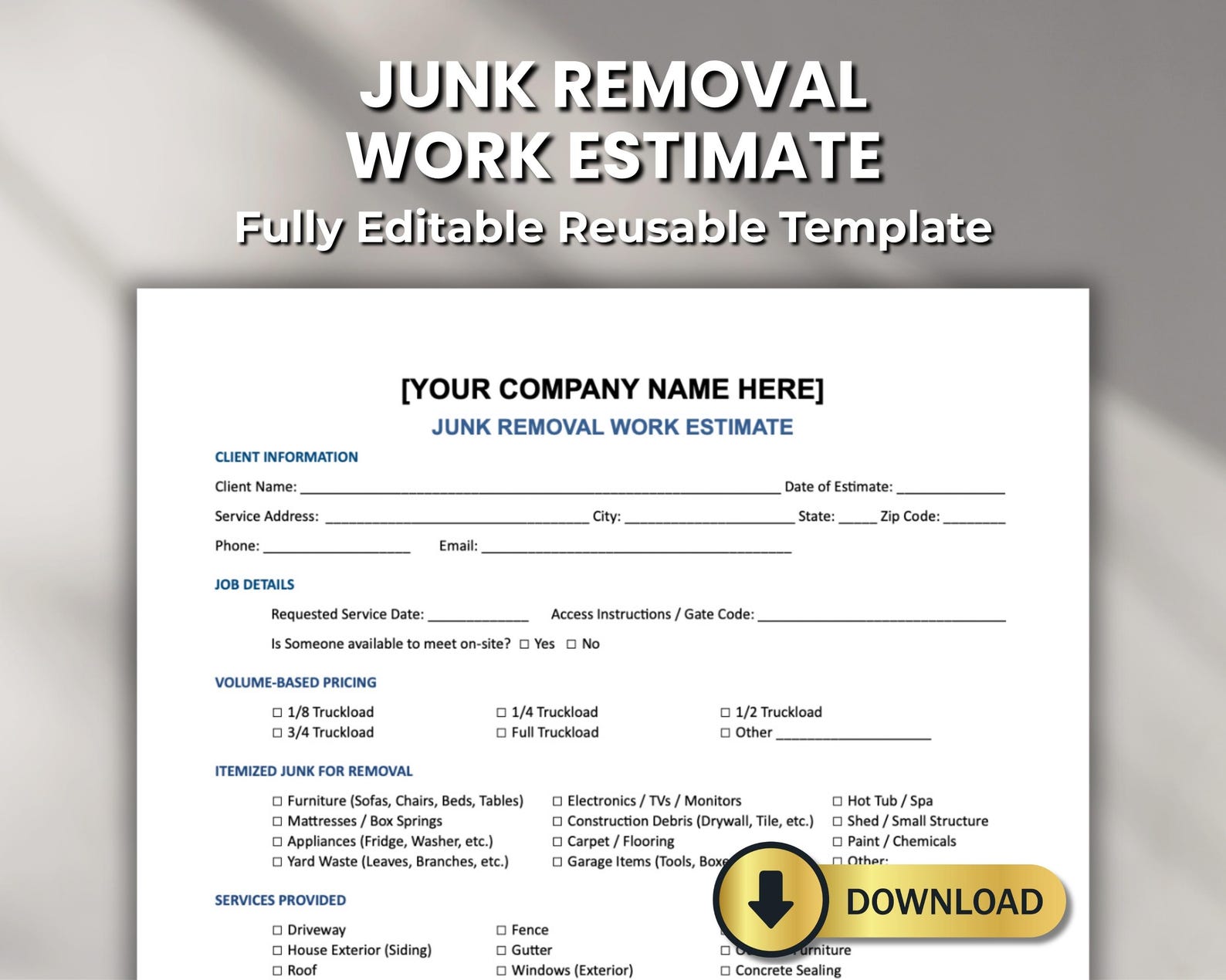 Junk Removal Work Order Template: Editable Service Invoice (PDF & Word ...