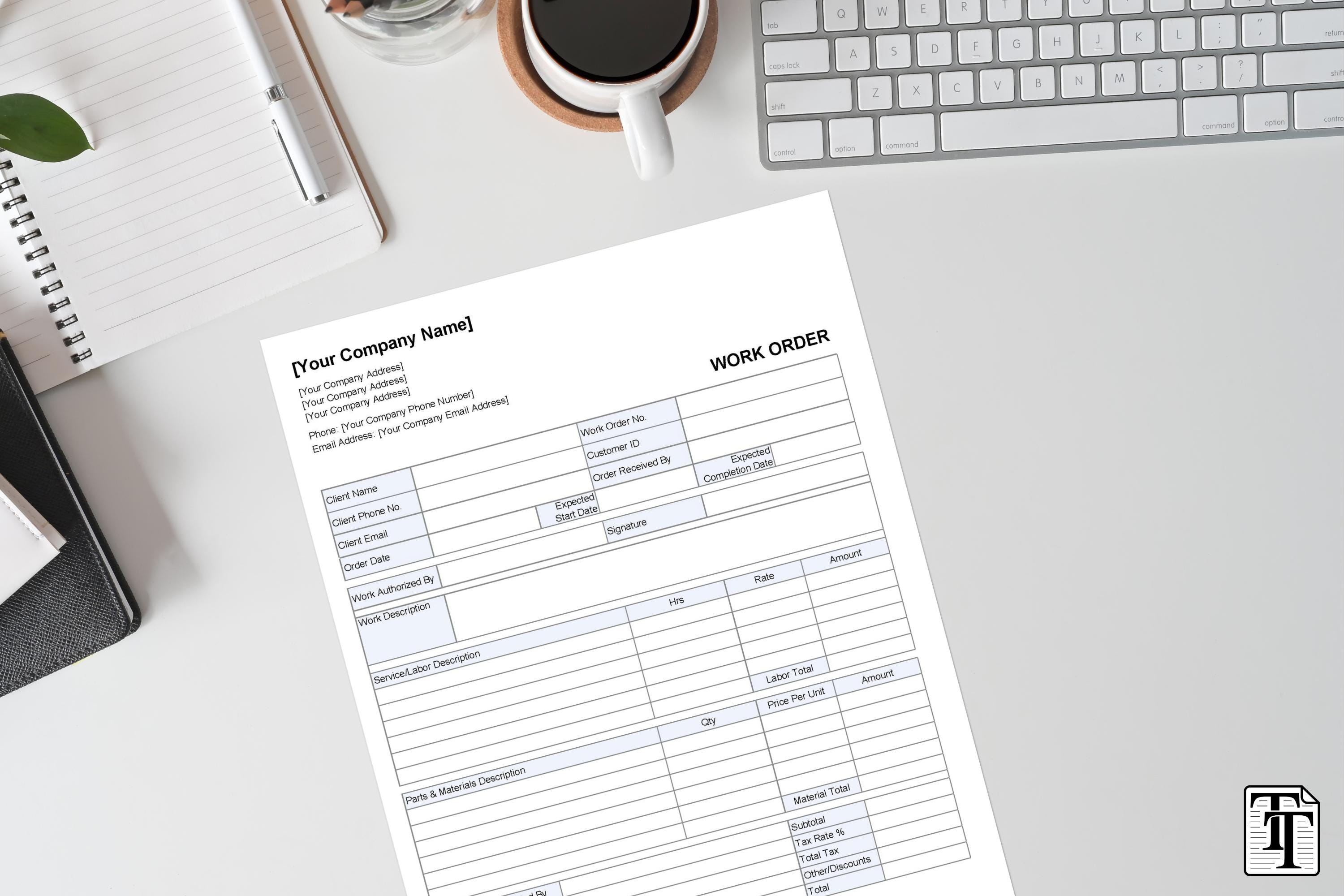 Electrician Work Order Template: Fillable PDF, Excel, Word (instant ...