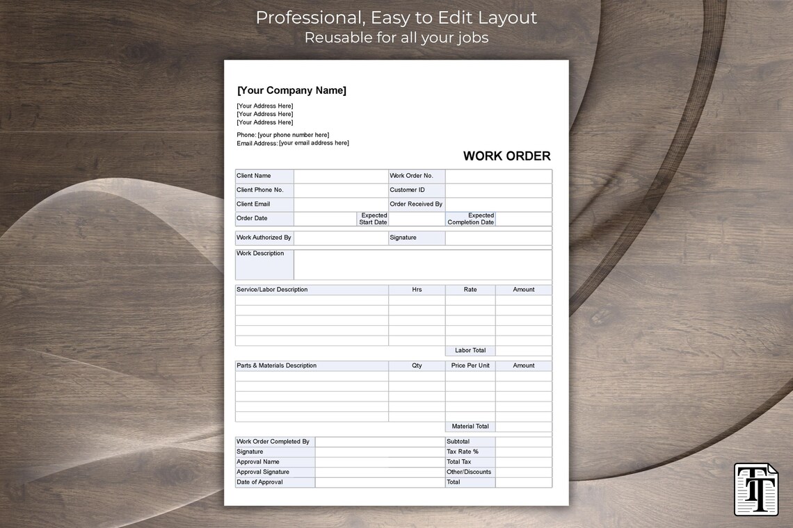Handyman Work Order Template Editable PDF, Word, Excel & Numbers Form ...