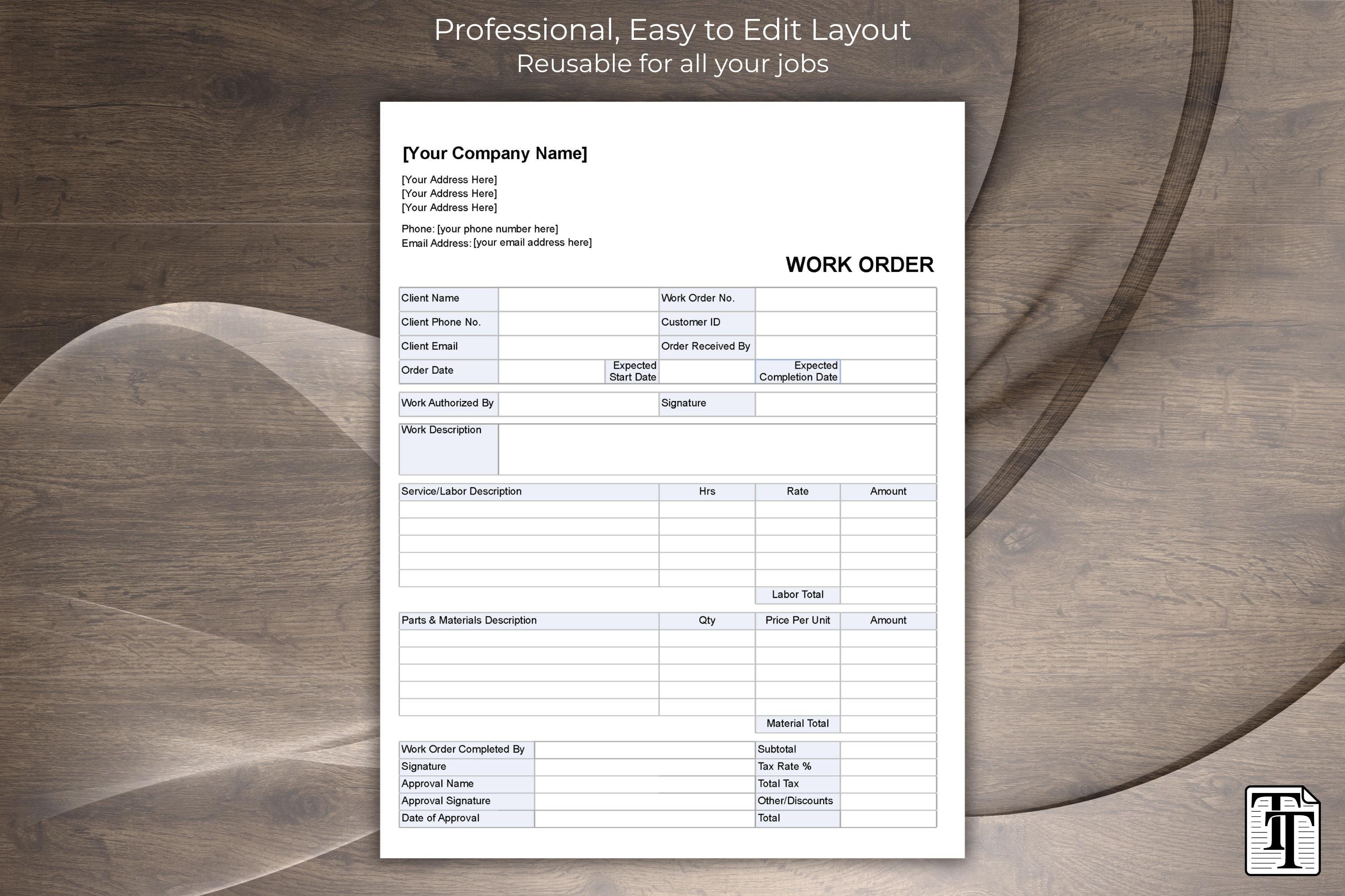 Handyman Work Order Template Editable PDF, Word, Excel & Numbers Form ...