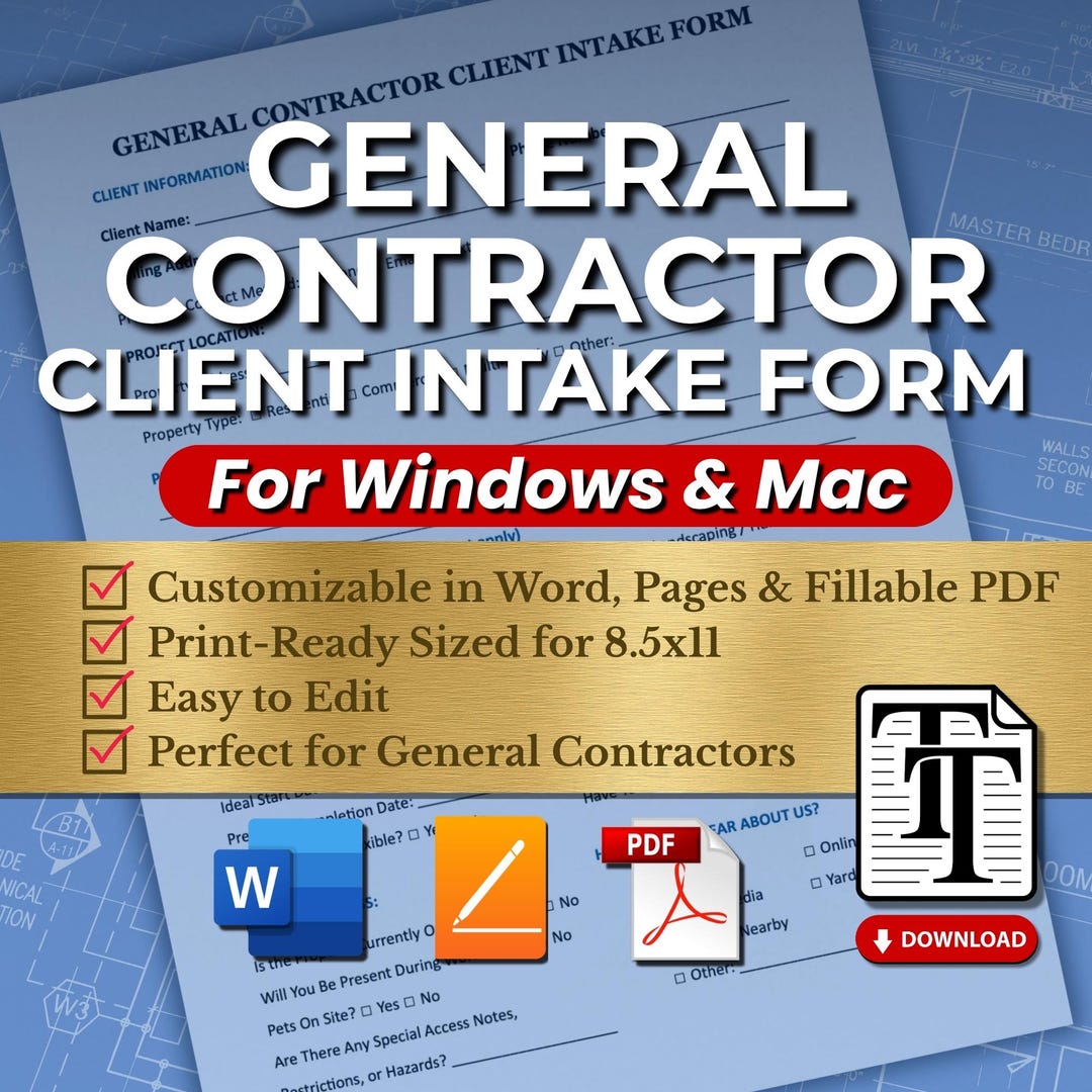 Client Intake Form Template for Contractors - Editable PDF, Word ...