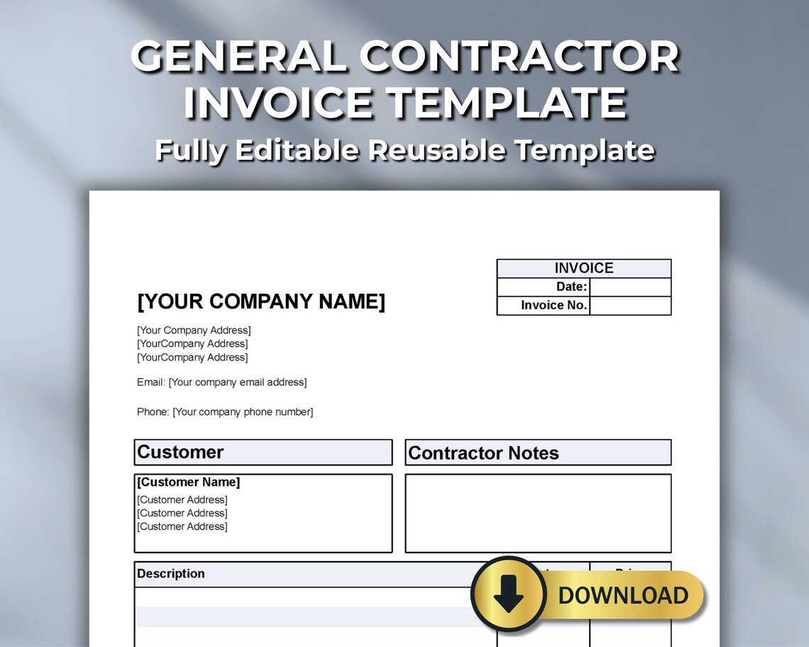 General Contractor Invoice Template – Editable Billing Form – PDF Word ...