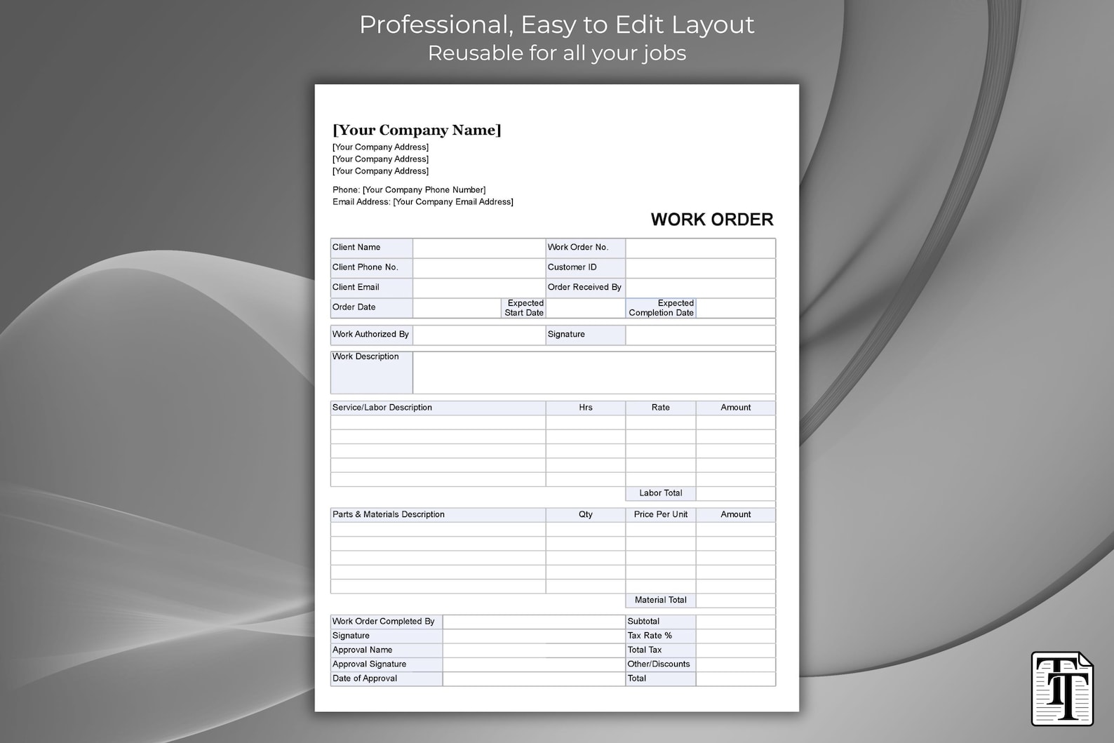 General Contractor Work Order Template – Editable Job Form – PDF Word ...
