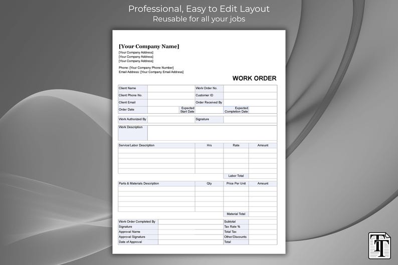 General Contractor Work Order Template – Editable Job Form – PDF Word ...