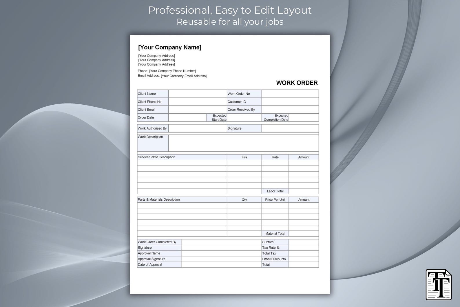 Electrician Work Order Template: Fillable PDF, Excel, Word (instant ...