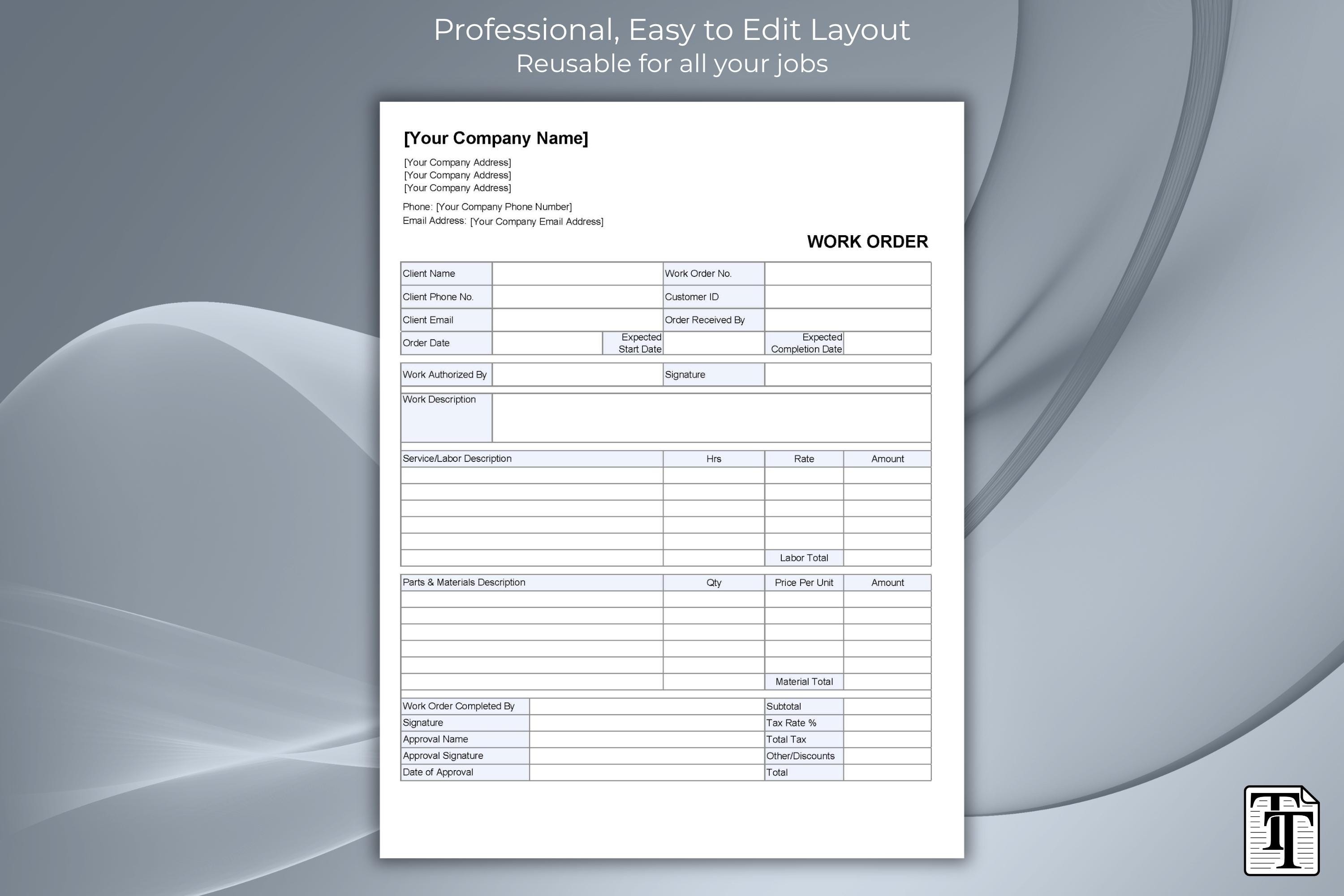 Electrician Work Order Template: Fillable PDF, Excel, Word (instant ...