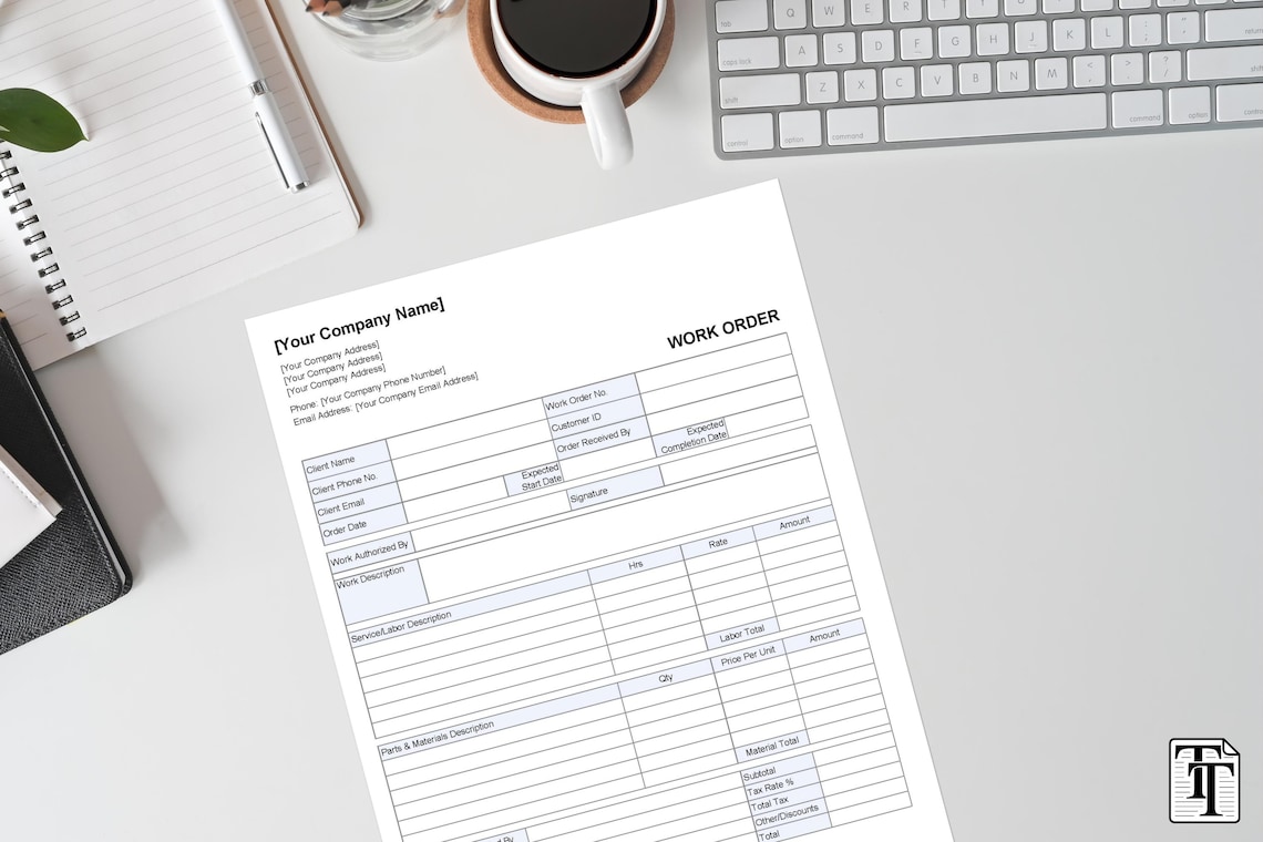 Plumber Work Order Template: Fillable PDF, Excel, Word, Numbers ...