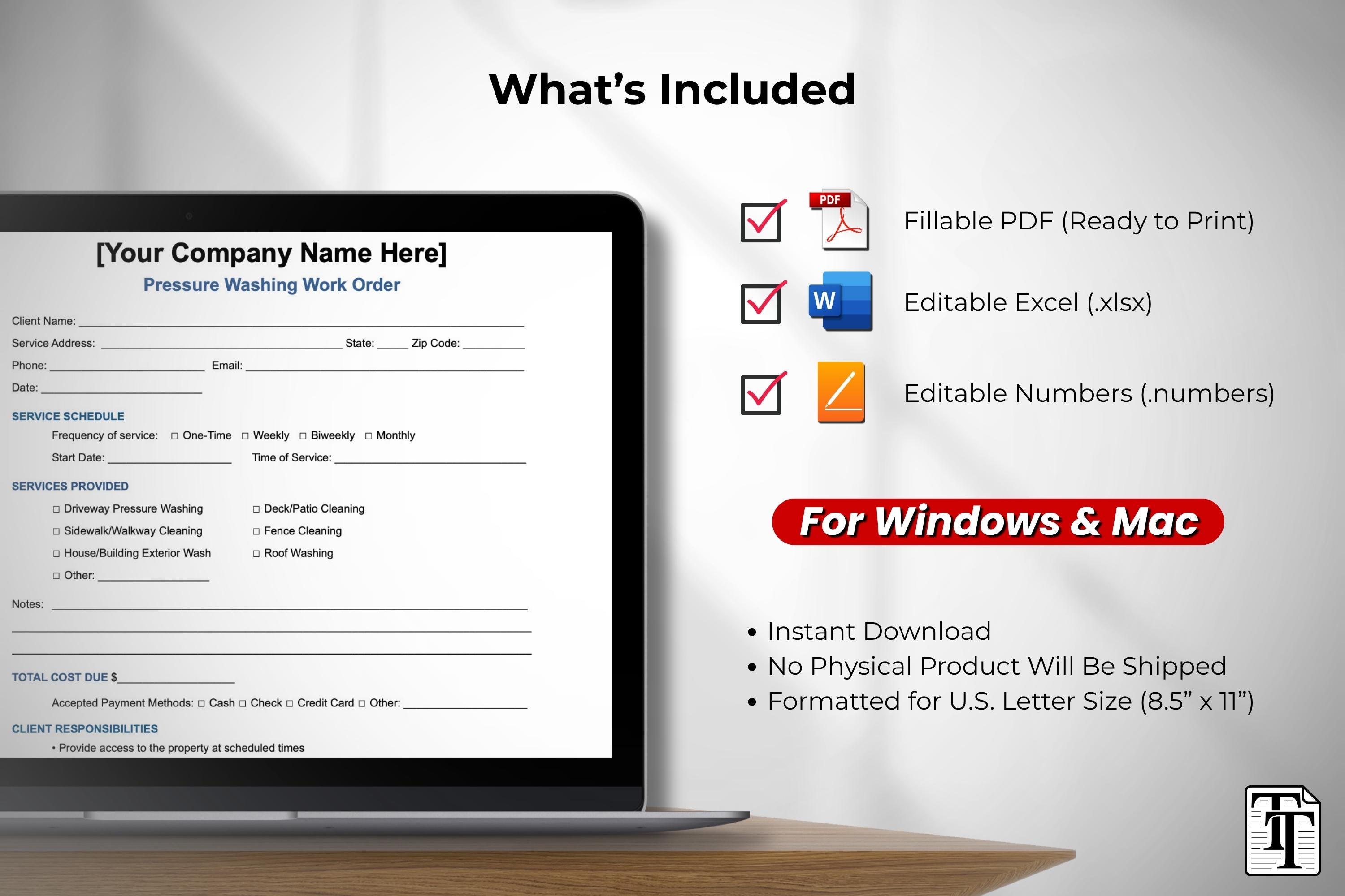 Pressure Washing Work Order Template - Editable PDF & Word Form - Power ...