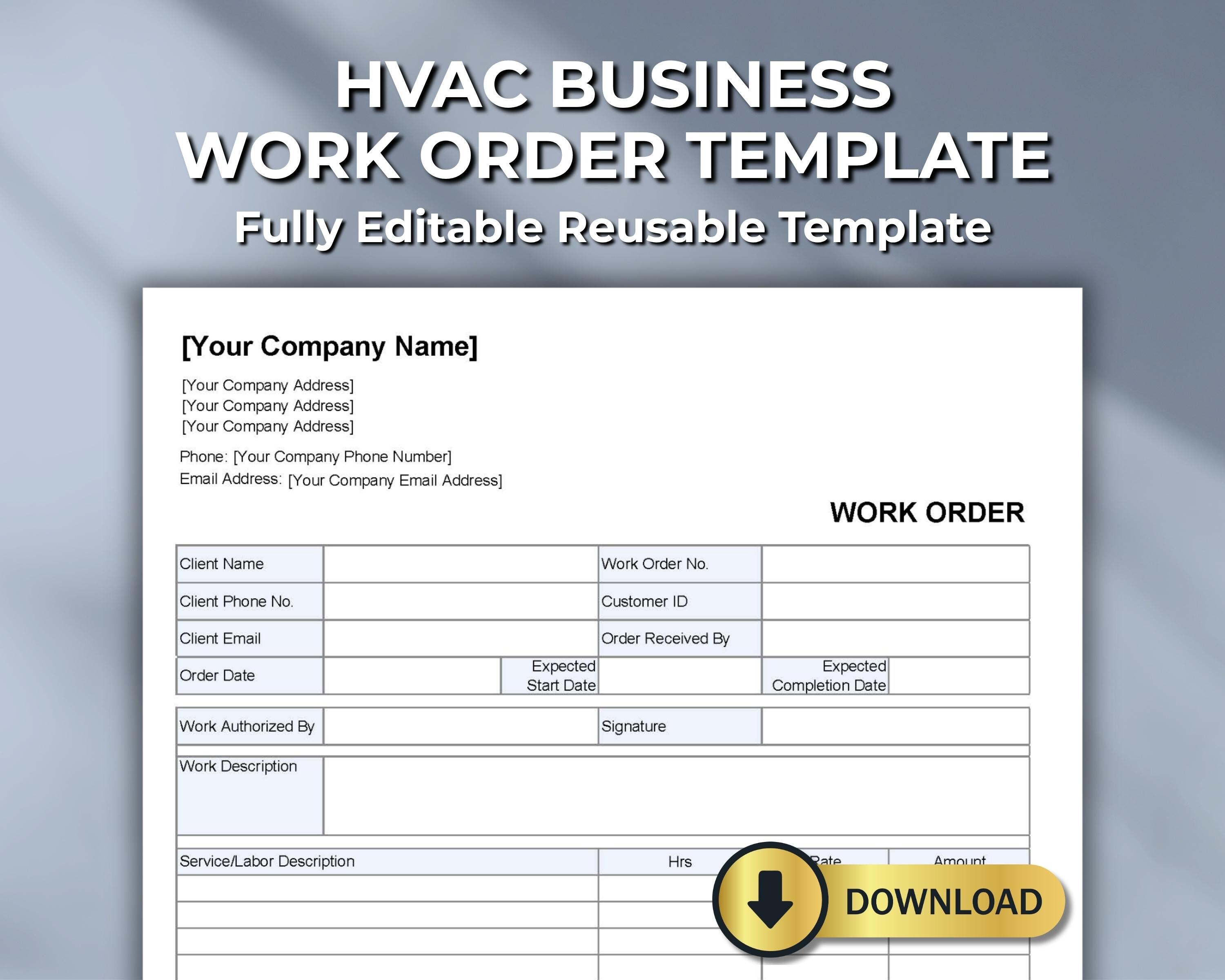 HVAC Work Order Template: Fillable PDF, Excel, Word Job Sheet | 2025 ...