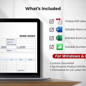 Electrician Work Order Template: Fillable PDF, Excel, Word (instant ...