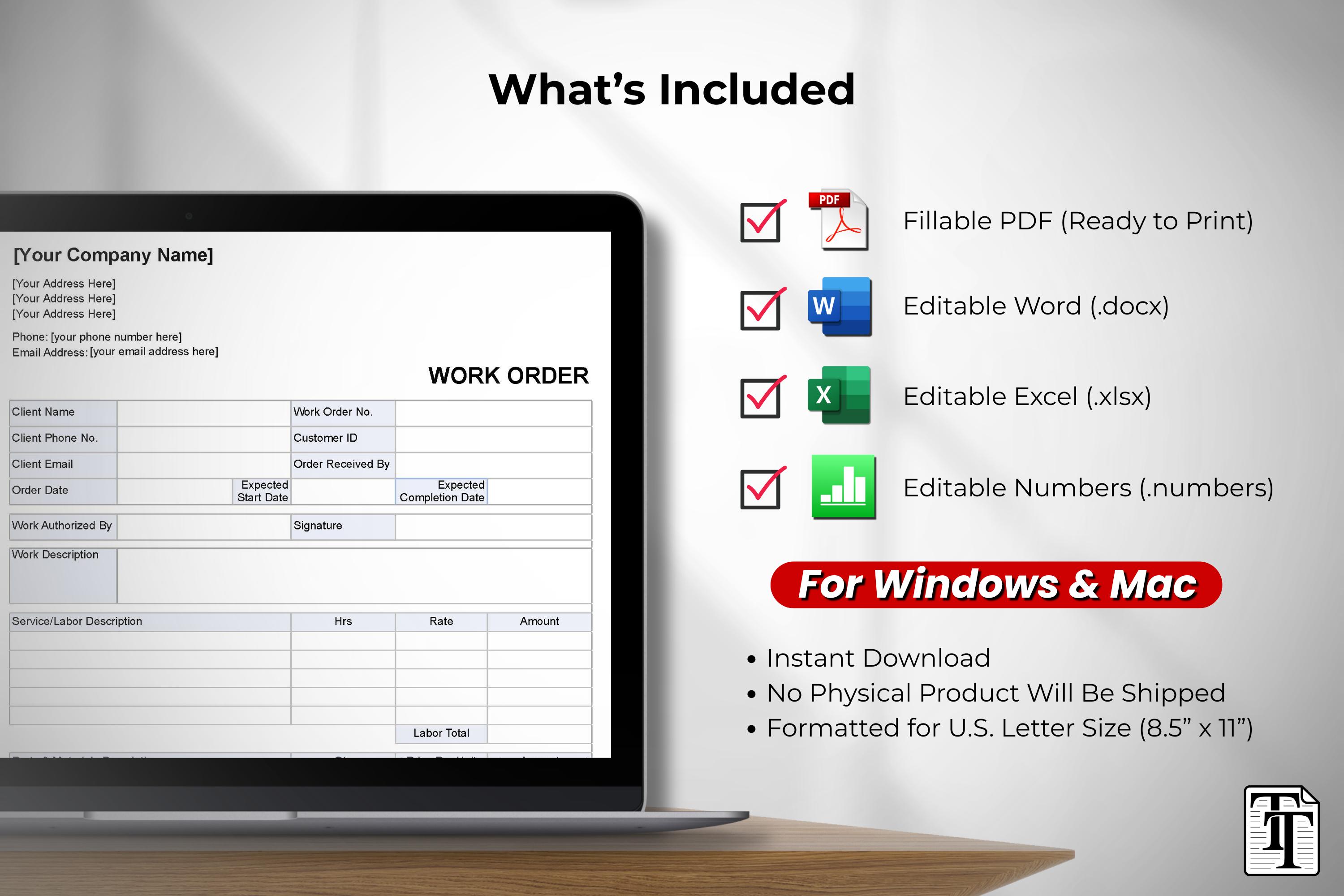 Electrician Work Order Template: Fillable PDF, Excel, Word (instant ...