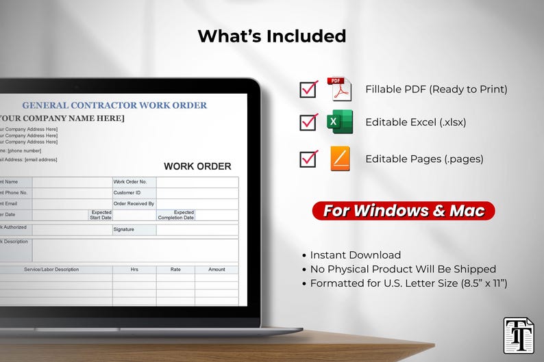 Work Order Template for Contractors - Editable Excel, PDF & Word Form ...
