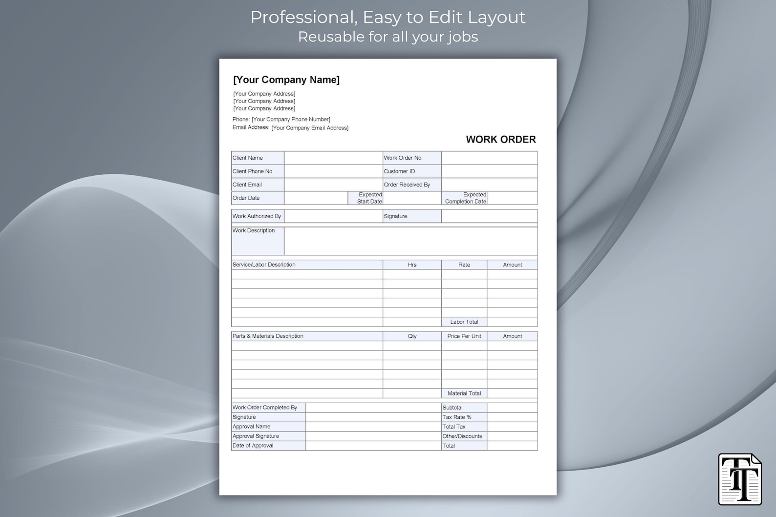 Plumber Work Order Template: Fillable PDF, Excel, Word, Numbers ...